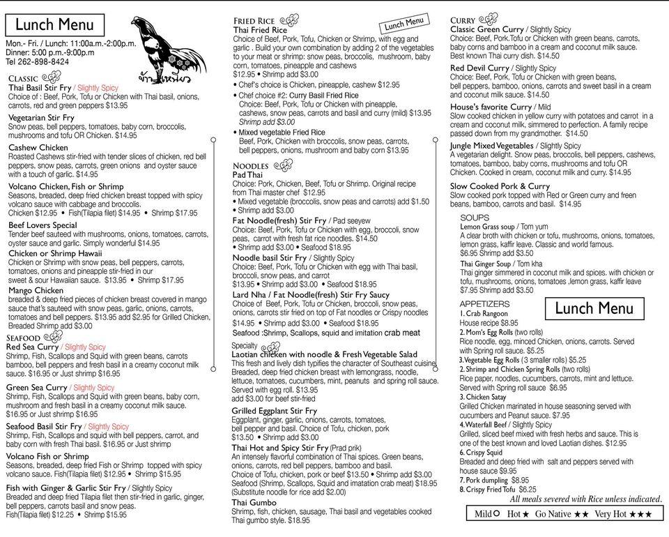 Menu at Sticky Rice Thai restaurant, Racine, 203 6th St