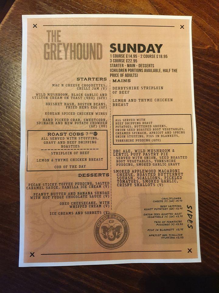 Menu at The Greyhound pub & bar, Derby, 75-76 Friar Gate