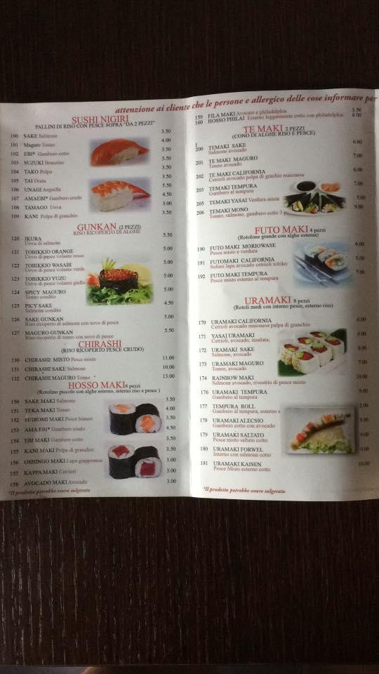 Menu at Tokyo Japanese Restaurant, Cecina