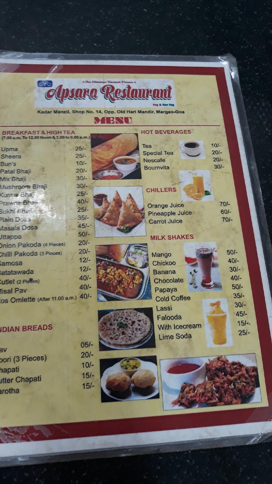 Menu at Apsara Restaurant, Margao