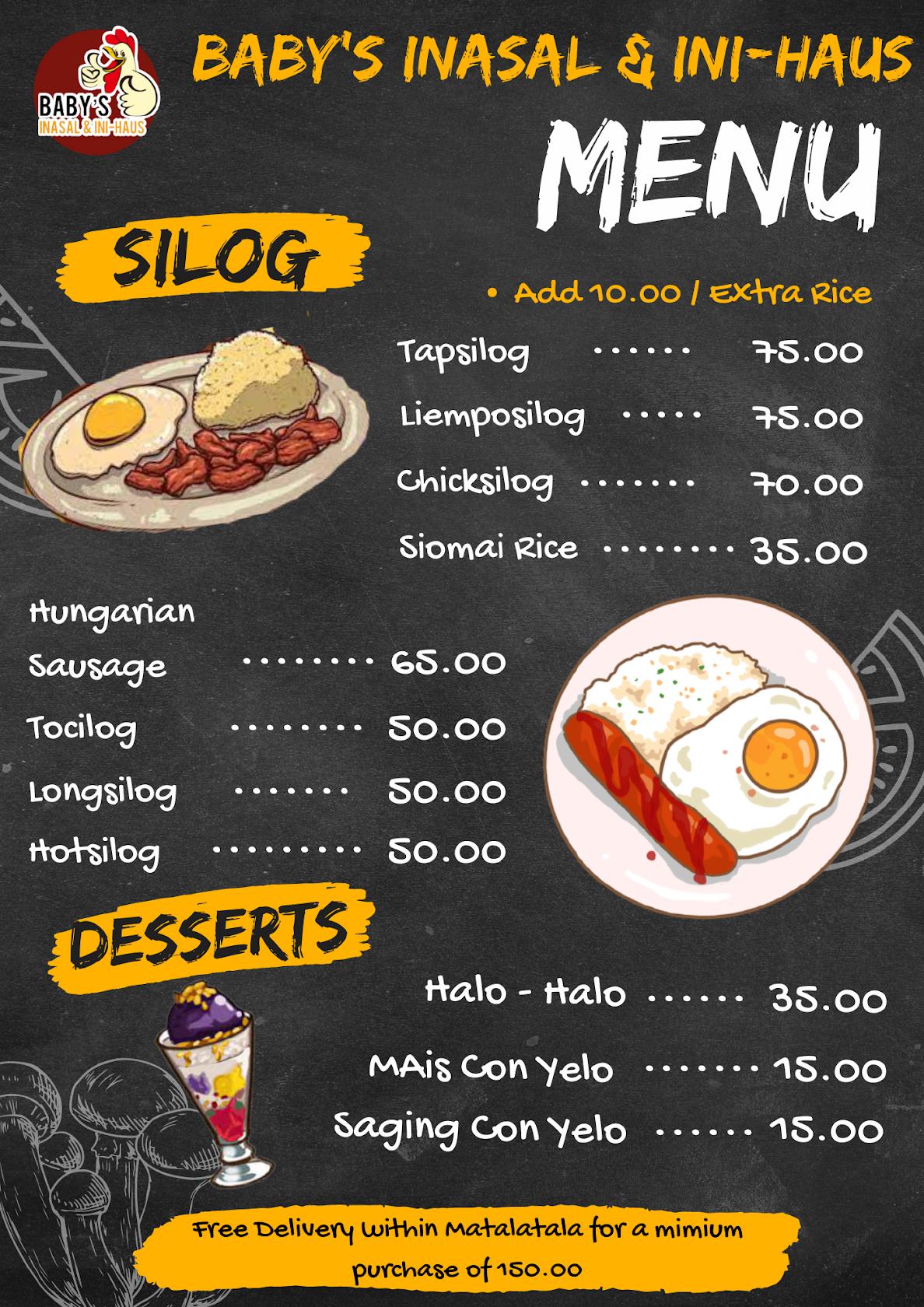 Carta del restaurante Baby's Inasal and Ini-Haus, Mabitac