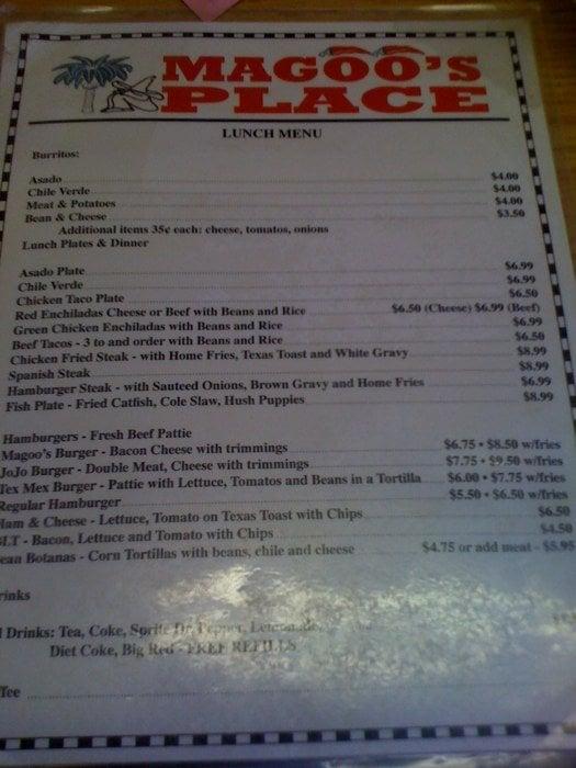 Menu at Magoo's Place restaurant, Alpine
