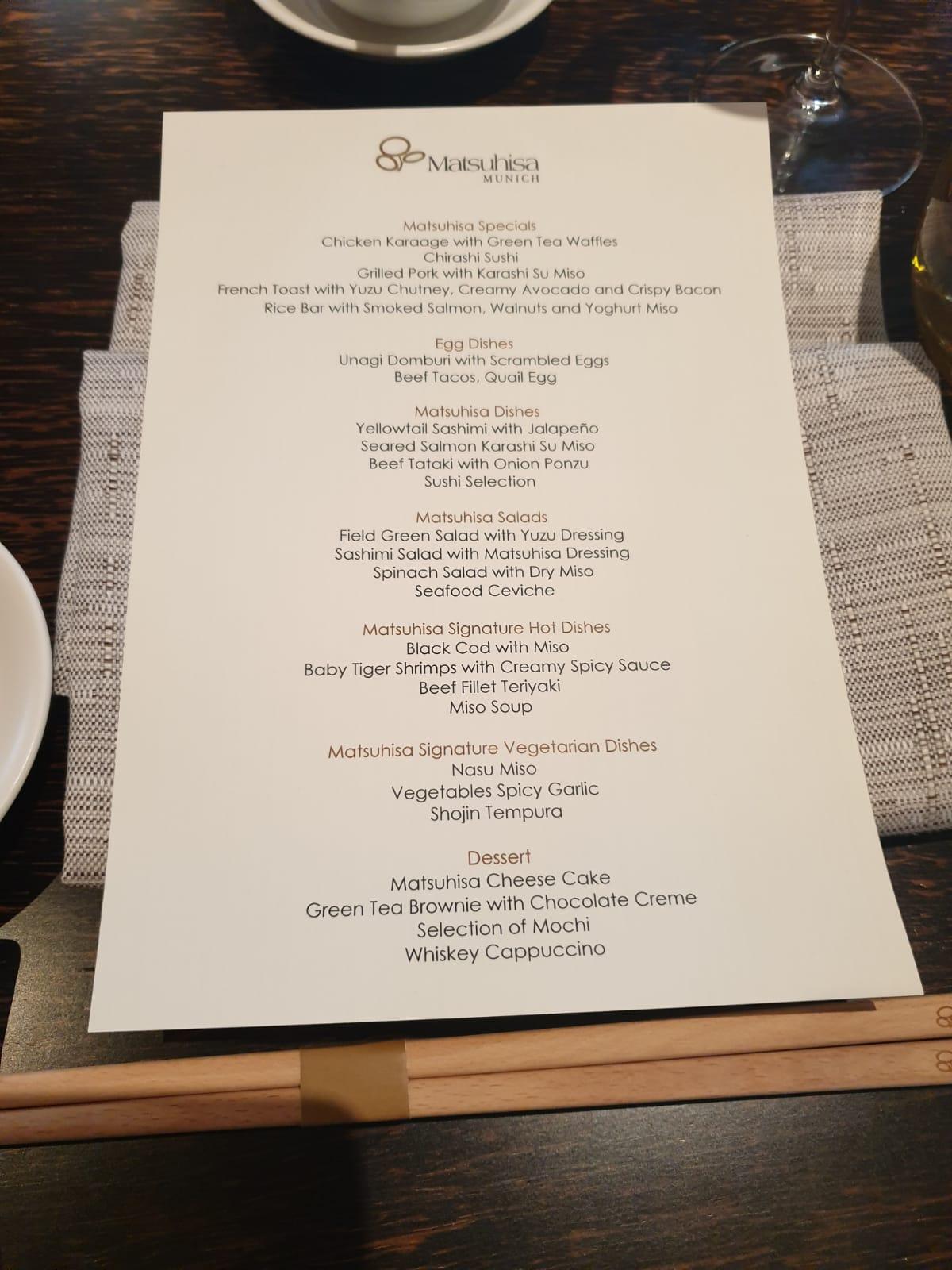 Menu at Matsuhisa Munich restaurant, Munich