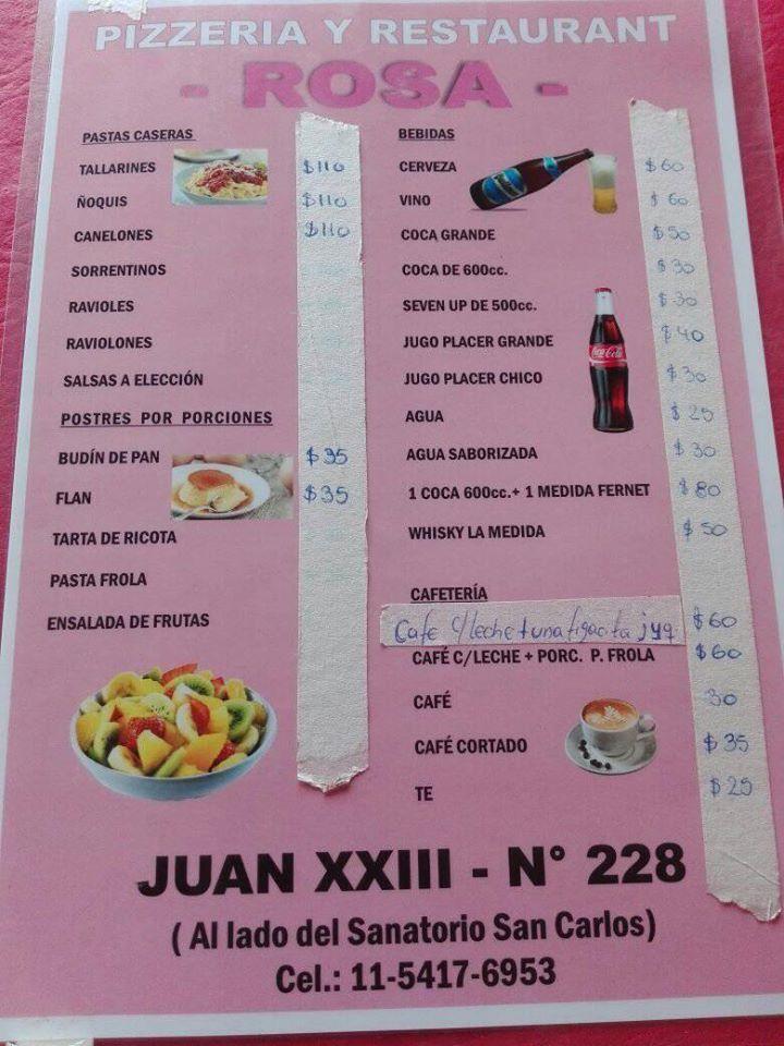 Menu at Pizzeria y restaurant Rosa, Maquinista Savio