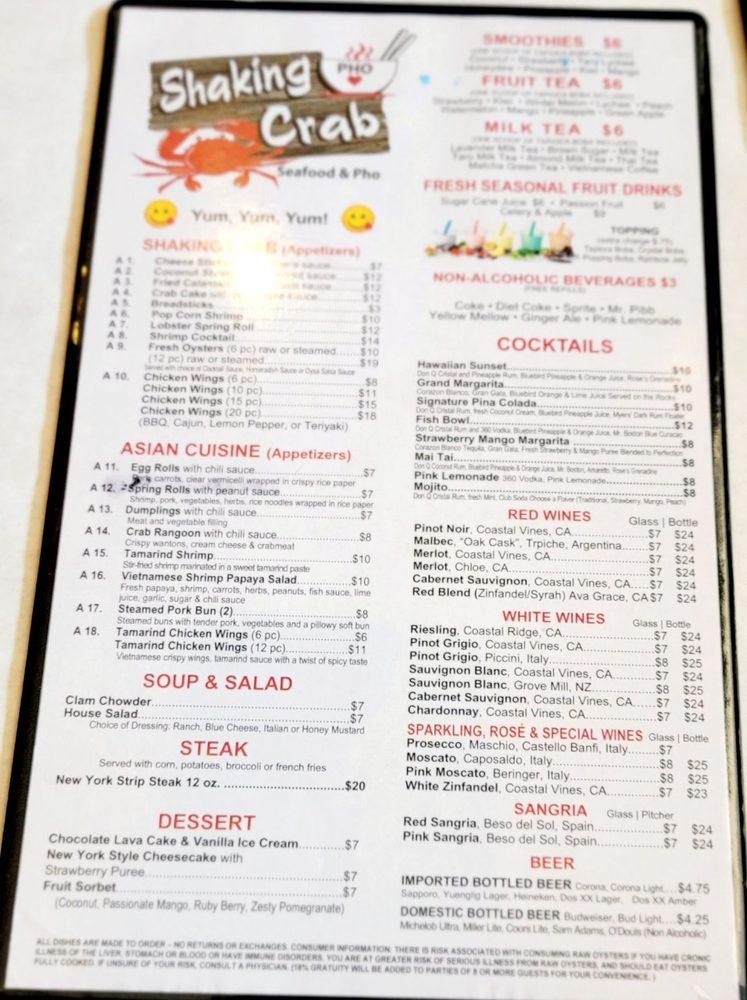 Menu at Shaking Crab pub & bar, Bonita Springs