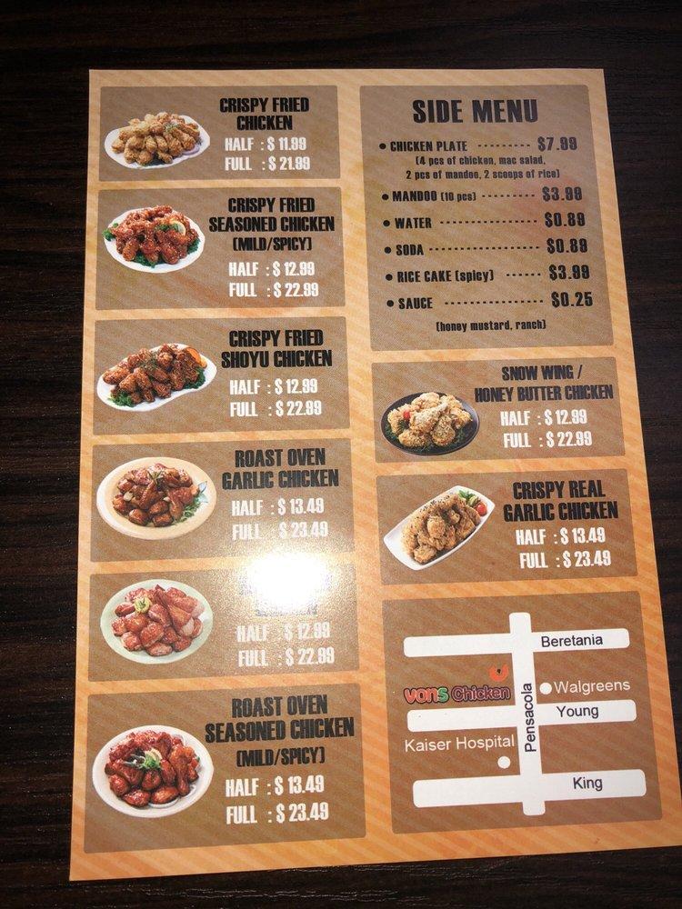 Menu at Vons Chicken restaurant, Honolulu, Pensacola St