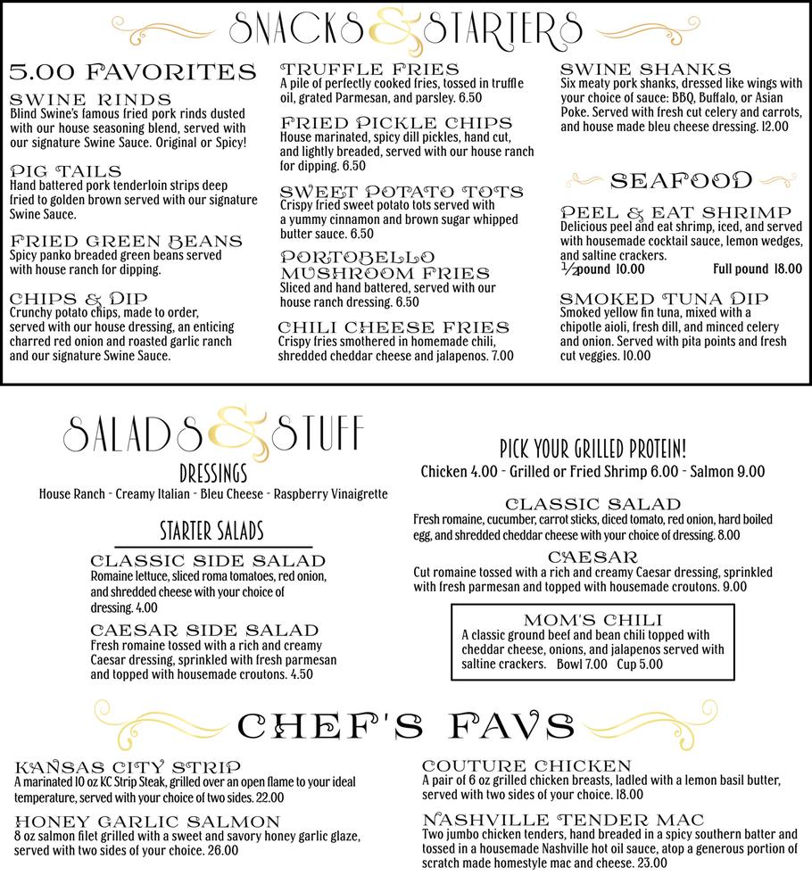 Menu at Blind Swine pub & bar, Bernice