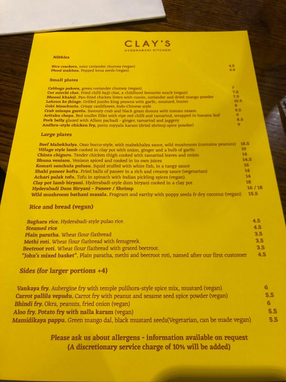 Menu at Clay's Kitchen & Bar, Reading