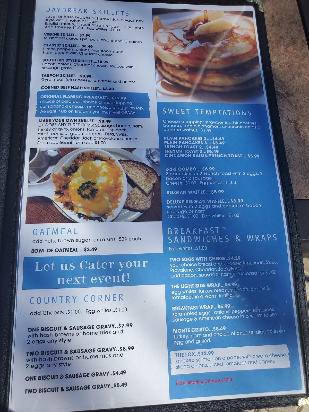 Menu at Daybreak Cafe, Tarpon Springs