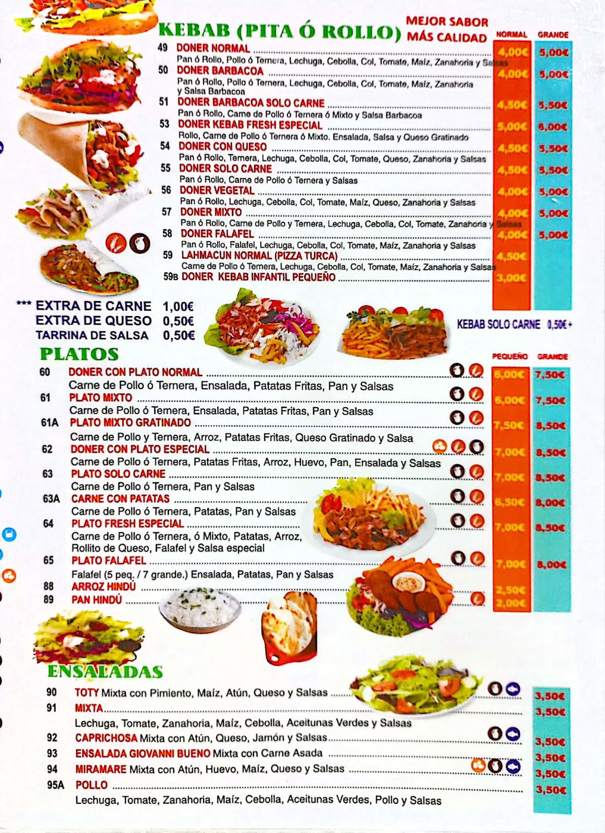 Menu at Fresh Pizzeria Kebab Formentera, Formentera del Segura
