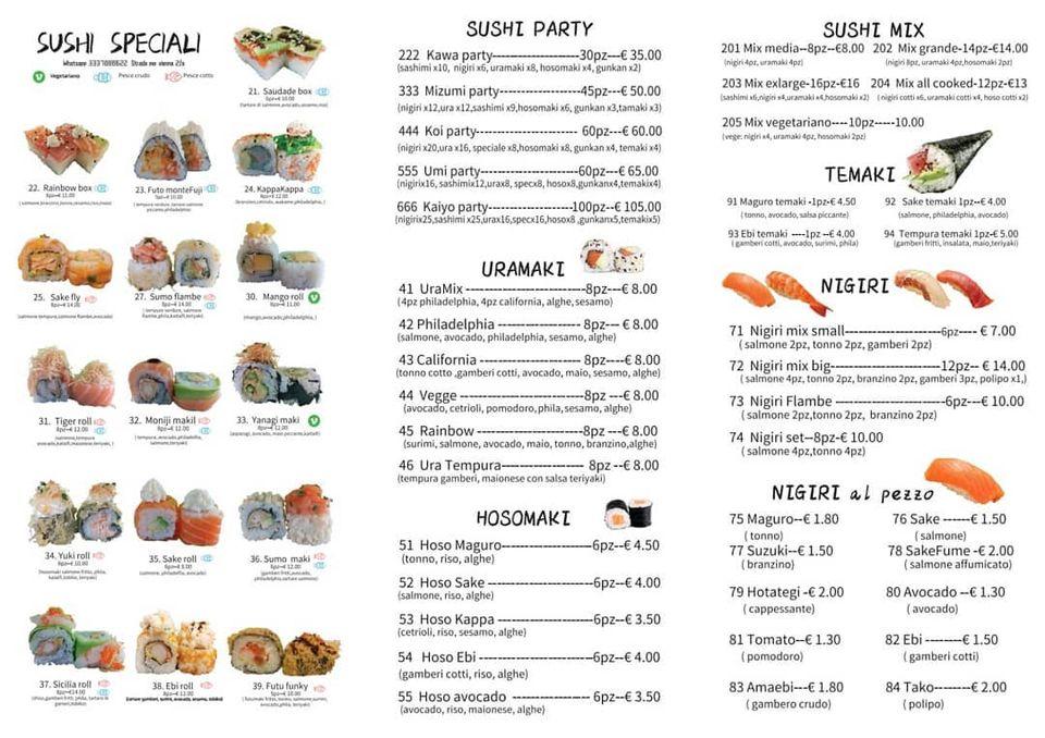 Menu at Kaiyo Sushi restaurant, Trieste