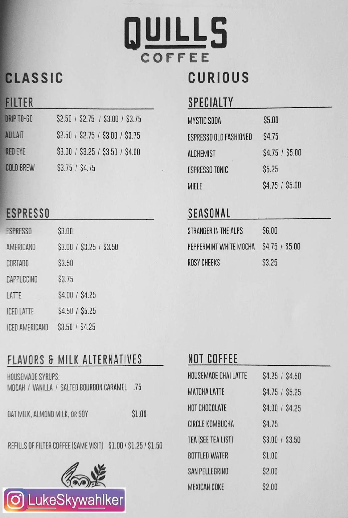 Menu at Quills Coffee cafe, Indianapolis