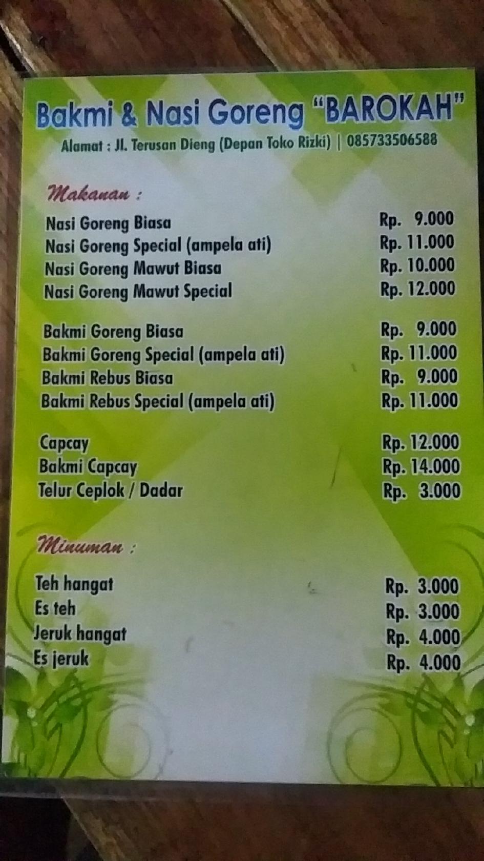 Menu at Bakmi Dan Nasi Goreng "BAROKAH", Malang
