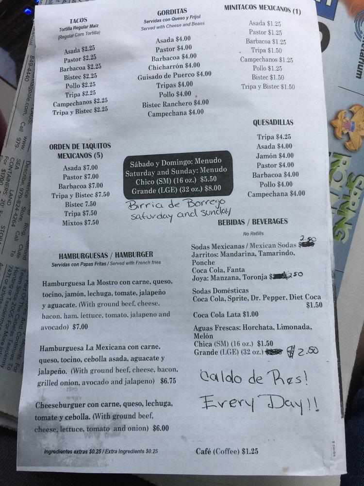 Menu at Los Gallos Taqueria restaurant, Richwood