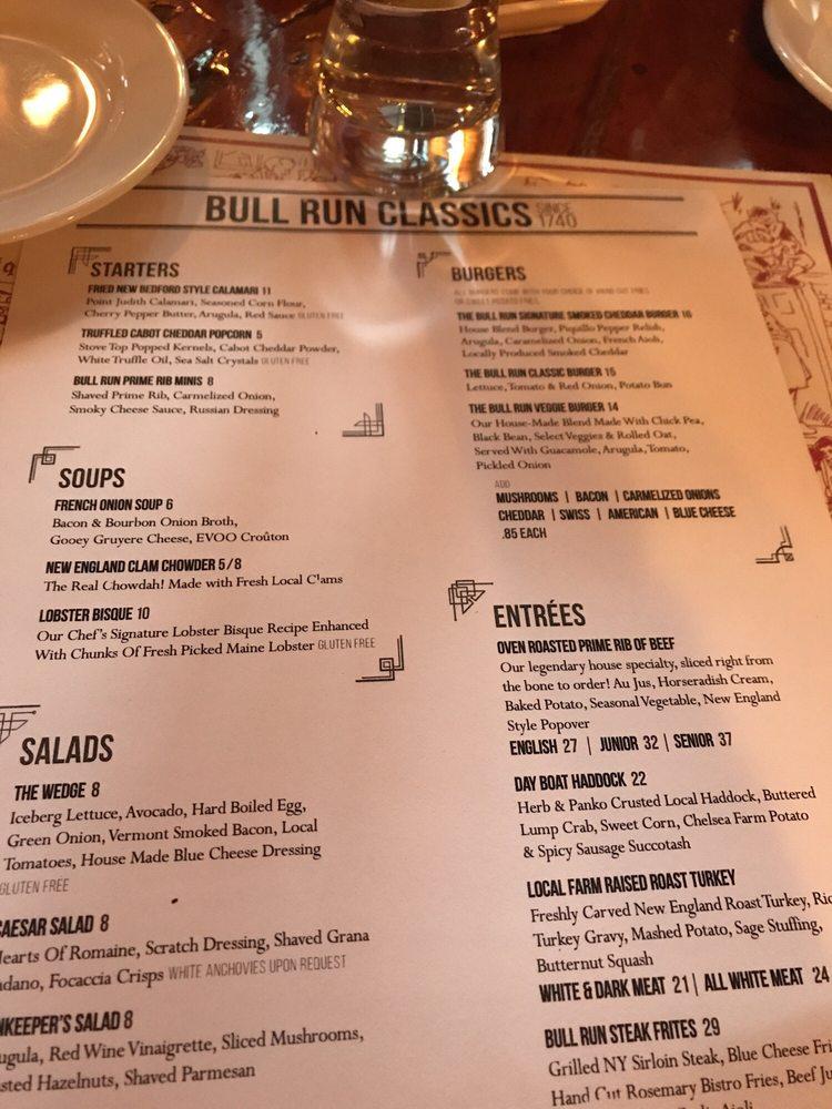Menu at Bull Run Restaurant, Shirley