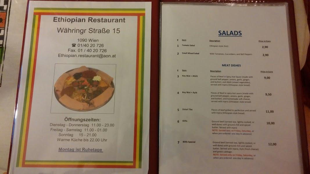 Menu at Ethiopian Restaurant, Vienna