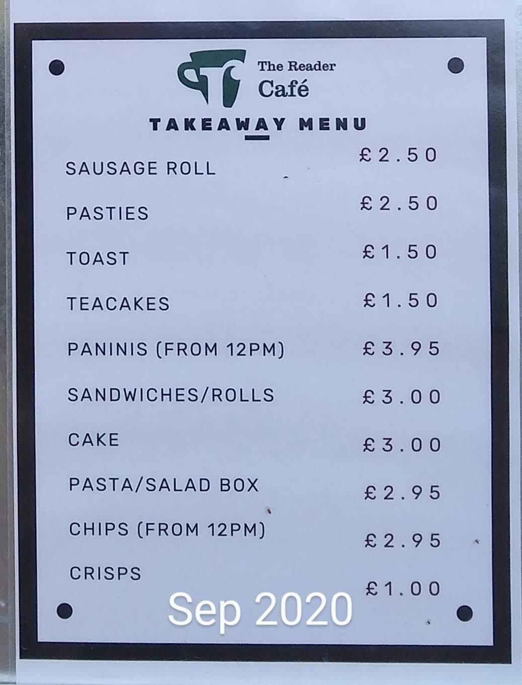 Menu at The Reader Cafe, Liverpool