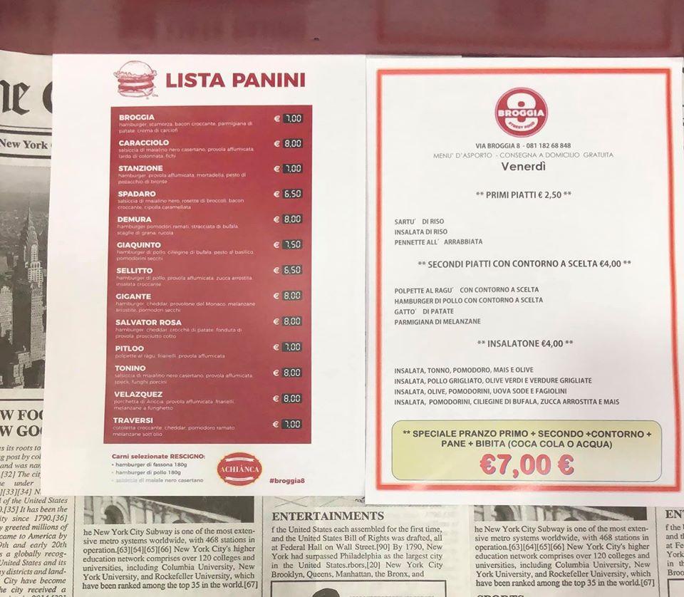 Menu at Broggia 8 Street Food restaurant, Naples