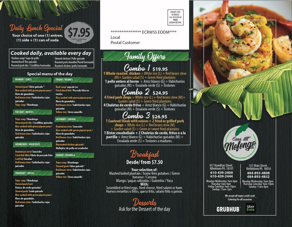 Menu at Casa Del Mofongo restaurant, Bethlehem, 553 Main St