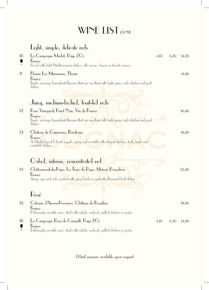 Menu at Cognac Restaurant, Hull