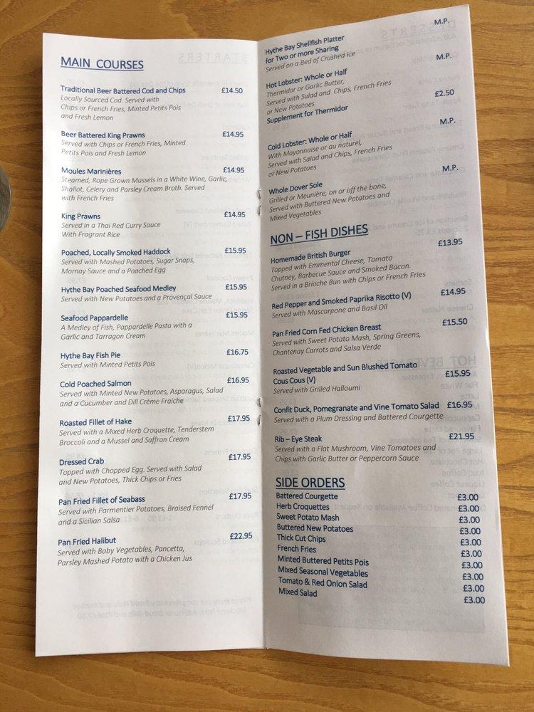 Menu at Hythe Bay restaurant, Dover