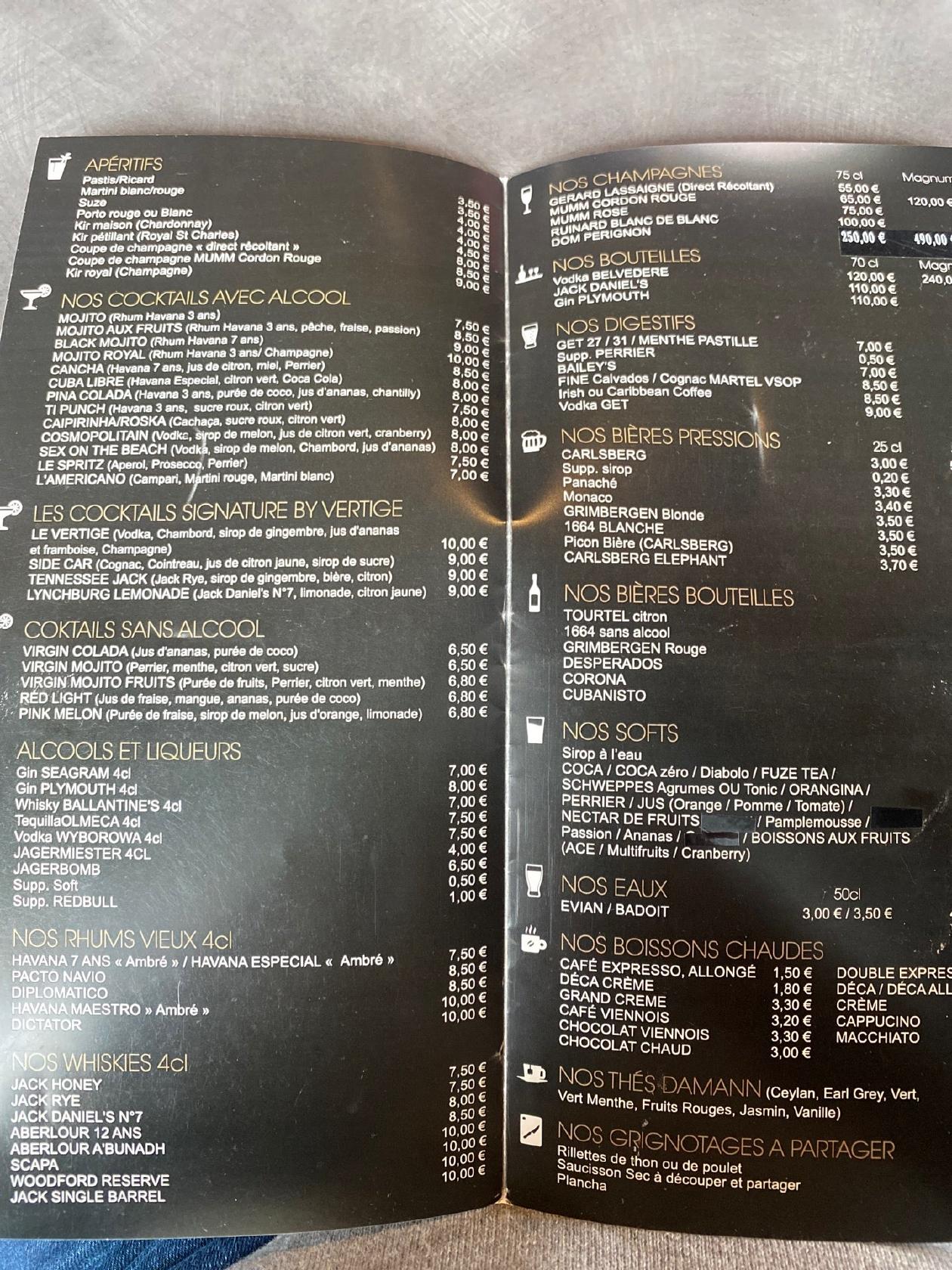 Menu au Le Vertige RoofTop (Bar - Restaurant - Club), Lorient
