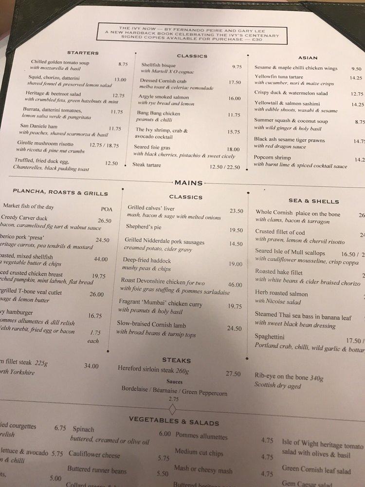 Menu at The Ivy restaurant, London, 1-5 West St