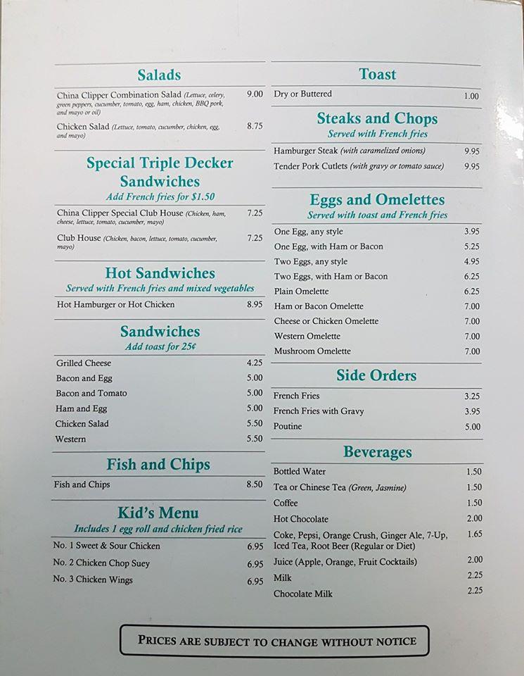 Menu at China Clipper Restaurant, Kapuskasing