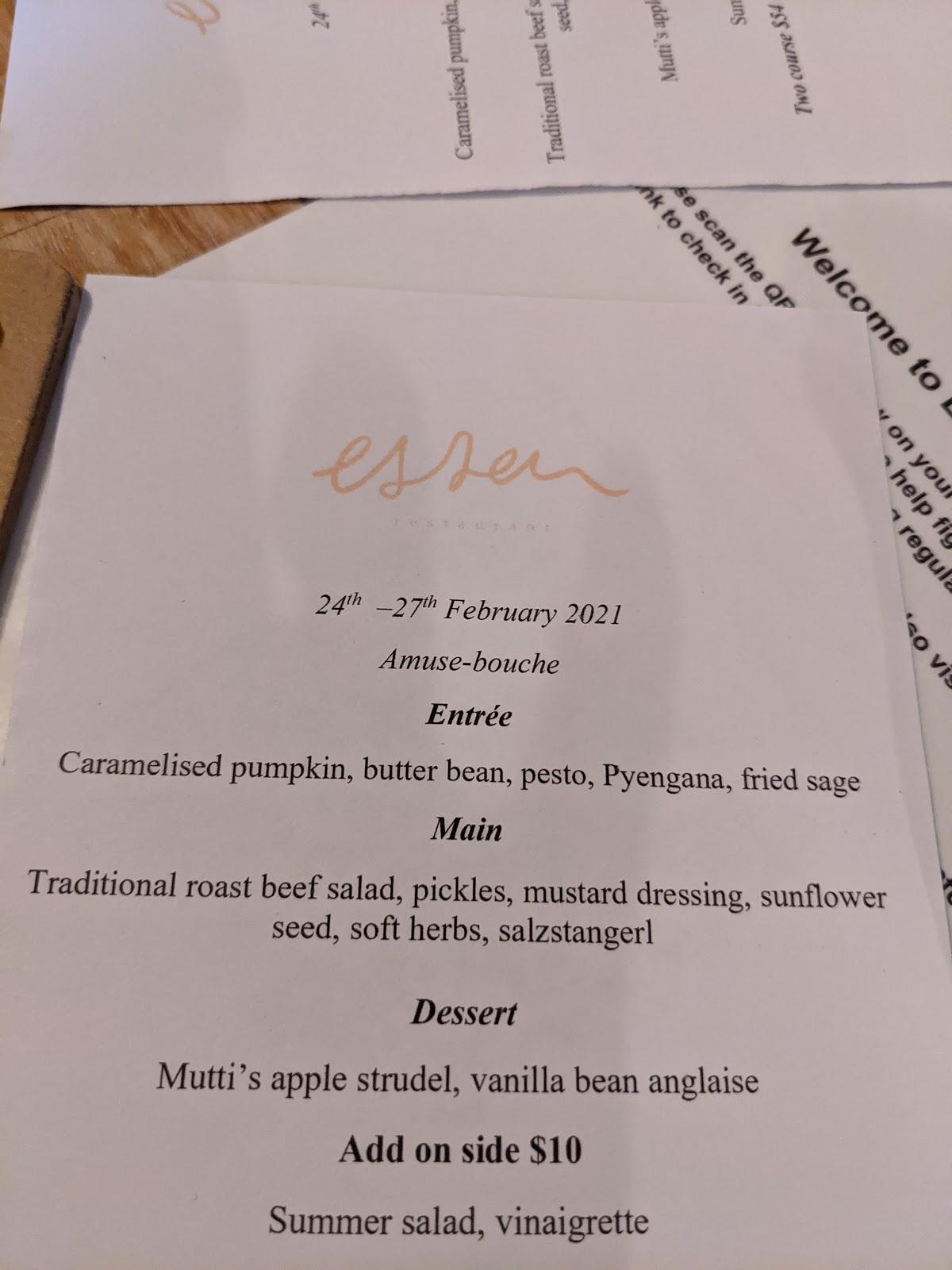 Menu at Essen Restaurant, Stanthorpe