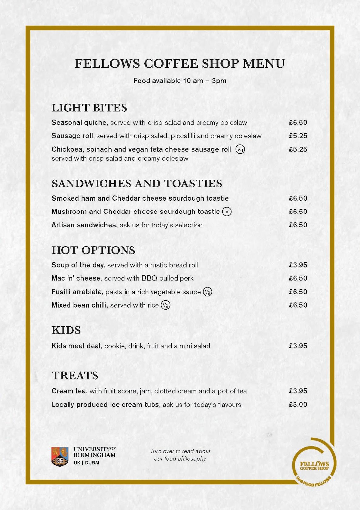Menu at The Exchange Café, Birmingham