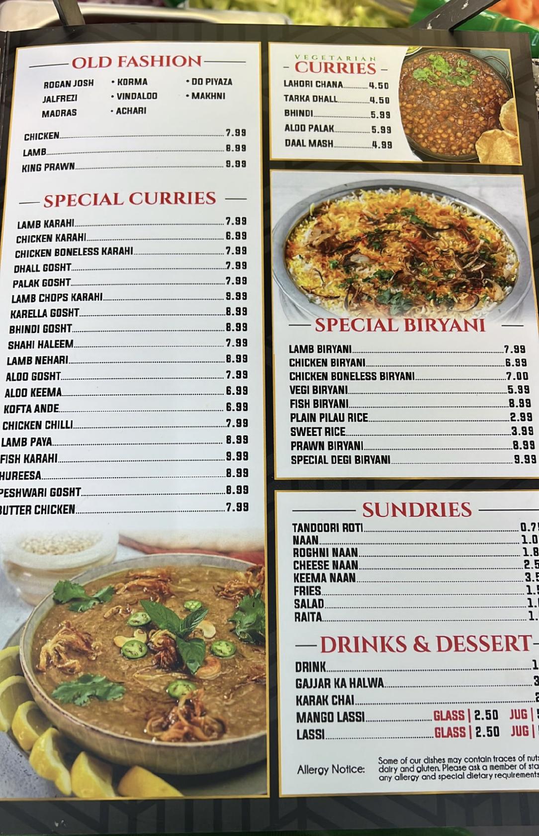 Menu at Haveli Restaurant, Manchester