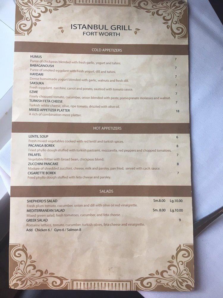 Menu at Istanbul grill & bar, Fort Worth