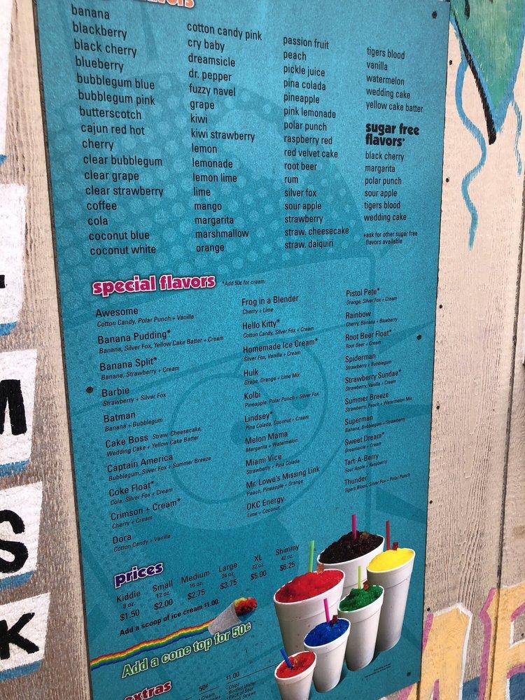 Menu at Shimmers Sno Cones desserts, Oklahoma City, N May Ave