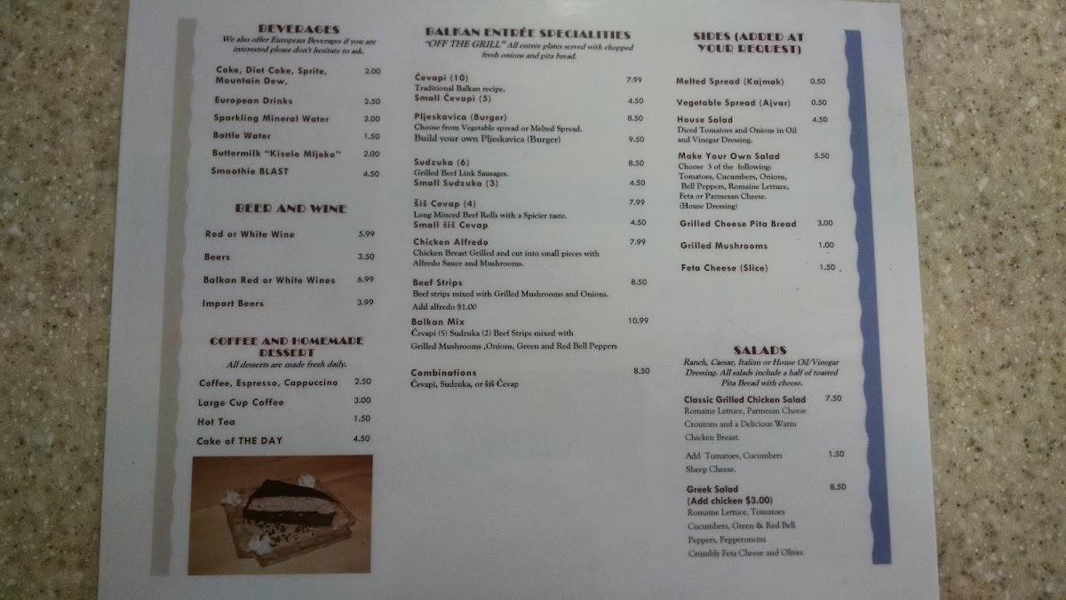 Menu at Balkan Cafe, Jacksonville