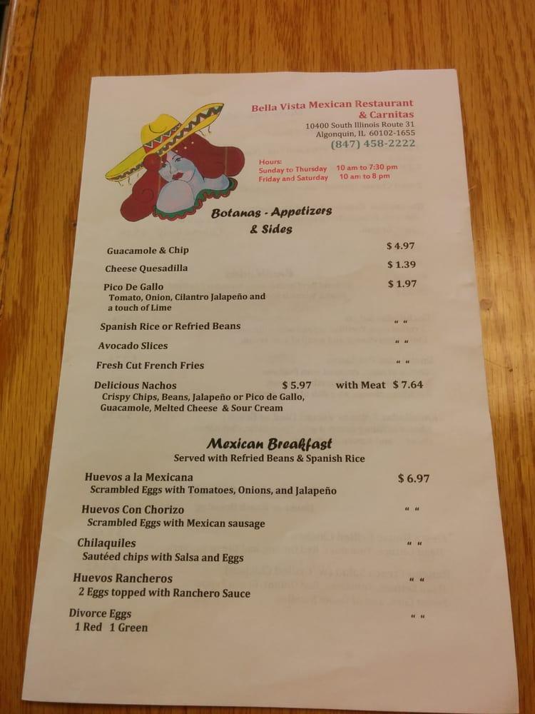 Menu at Bella Vista Mexican Restaurant, Algonquin