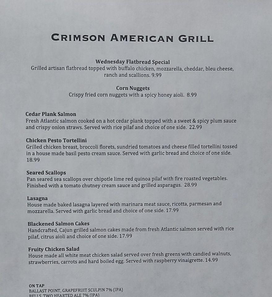 Menu at Crimson American Grill restaurant, York