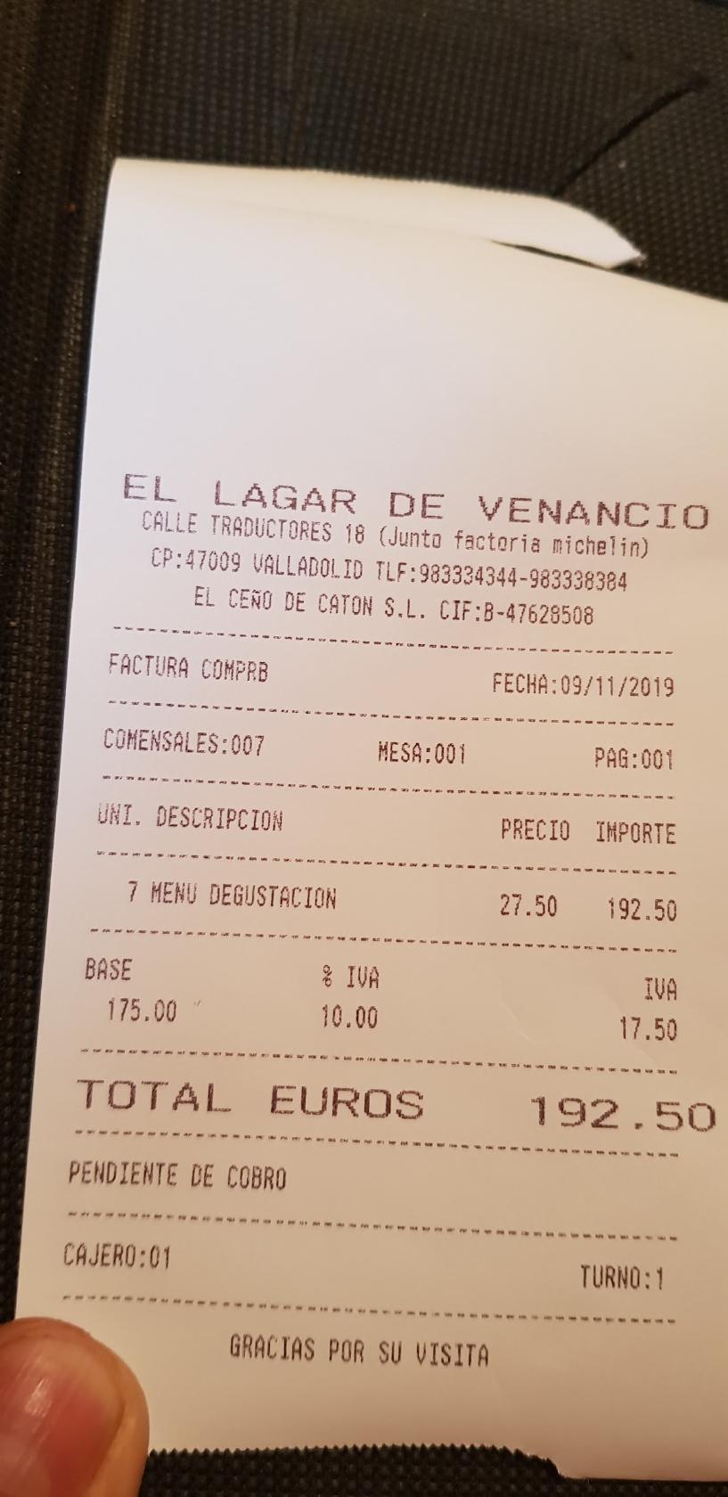 Carta del restaurante El Lagar del Venancio, Valladolid