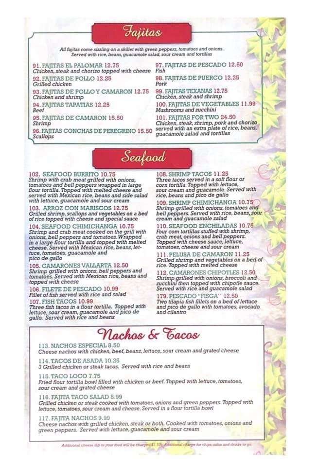 Menu at El Palomar restaurant, Circleville