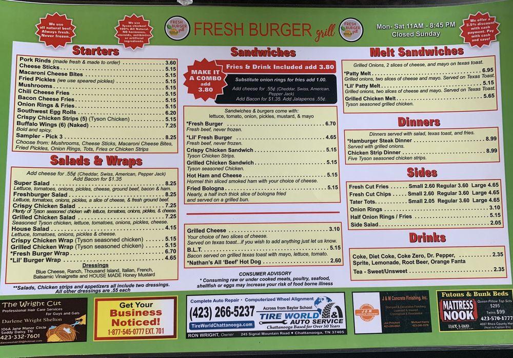 Menu at Fresh Burger Grill restaurant, Soddy-Daisy, Dayton Pike #4309