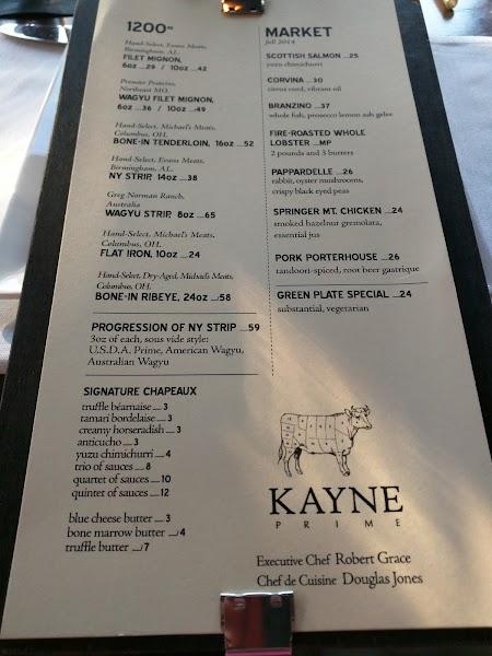 Menu at Kayne Prime Steakhouse, Nashville