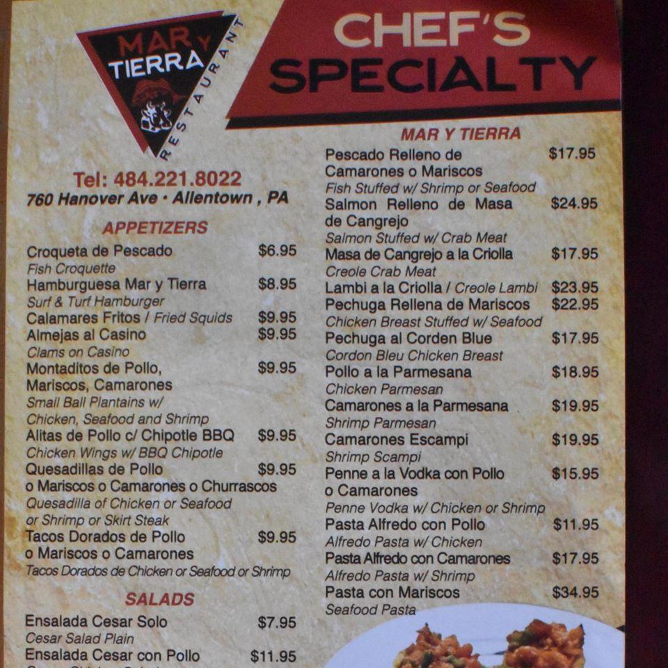 Carta de Mar & Tierra Restaurant, Allentown
