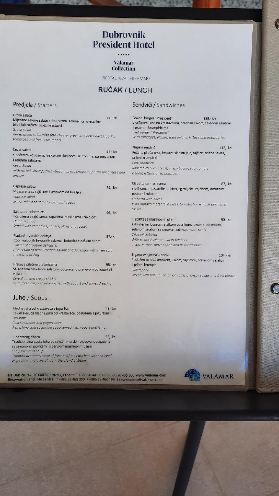 Menu at MiraMare Restaurant, Dubrovnik