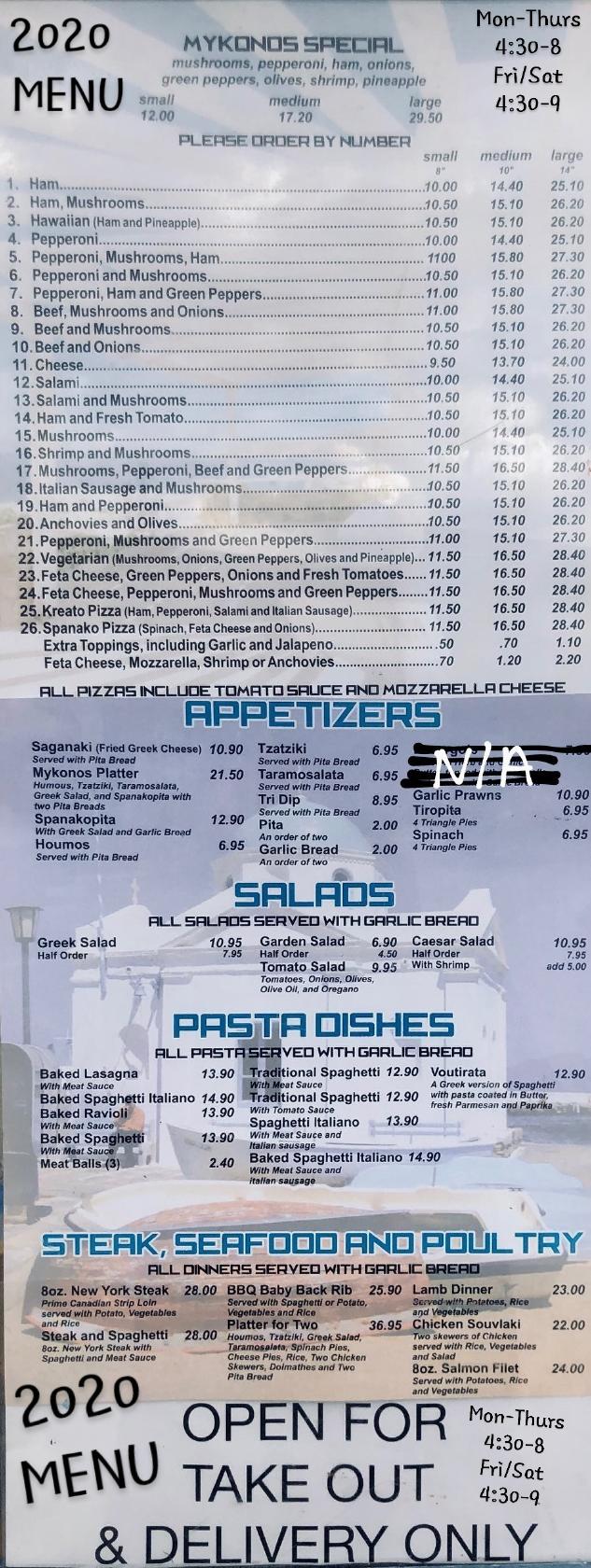 Menu at Mykonos Pizza & Spaghetti House pizzeria, Penticton