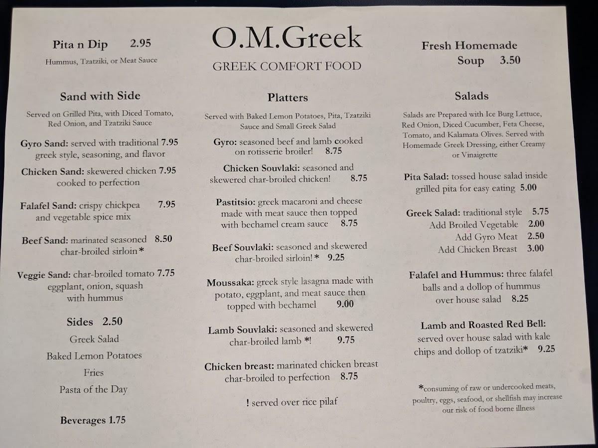 Menu at O. M. Greek restaurant, Mountain Home