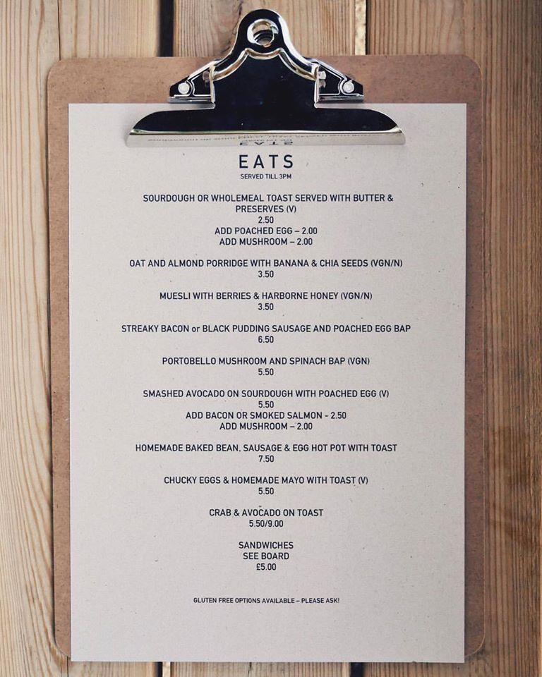 Menu at The Steam Room cafe, Birmingham