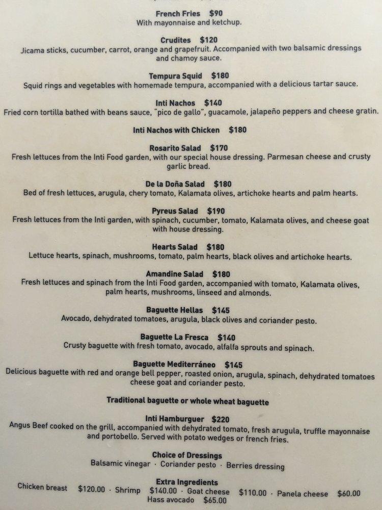 Menu at INTI Beach pub & bar, Playa del Carmen