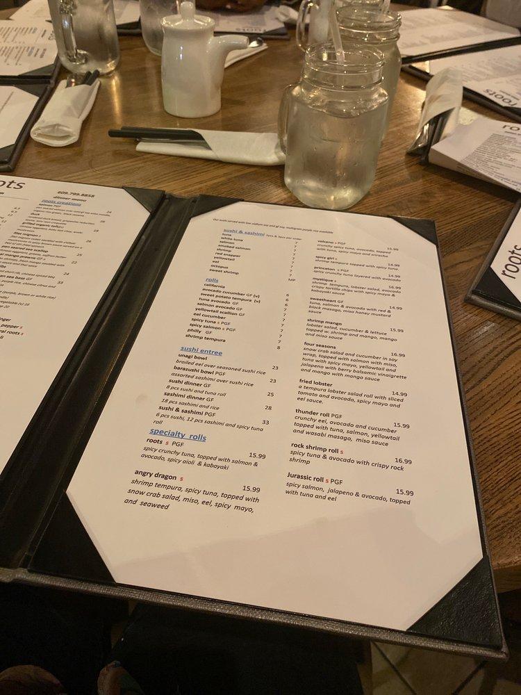 Menu at roots restaurant, Princeton