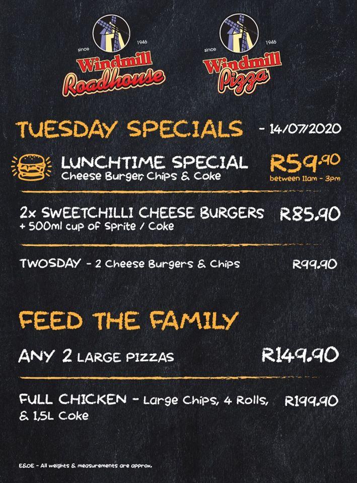 Menu at Windmill Roadhouse restaurant, East London