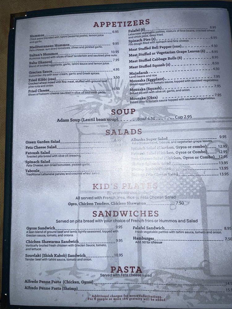 Menu at Albasha Greek & Lebanese restaurant, Gonzales