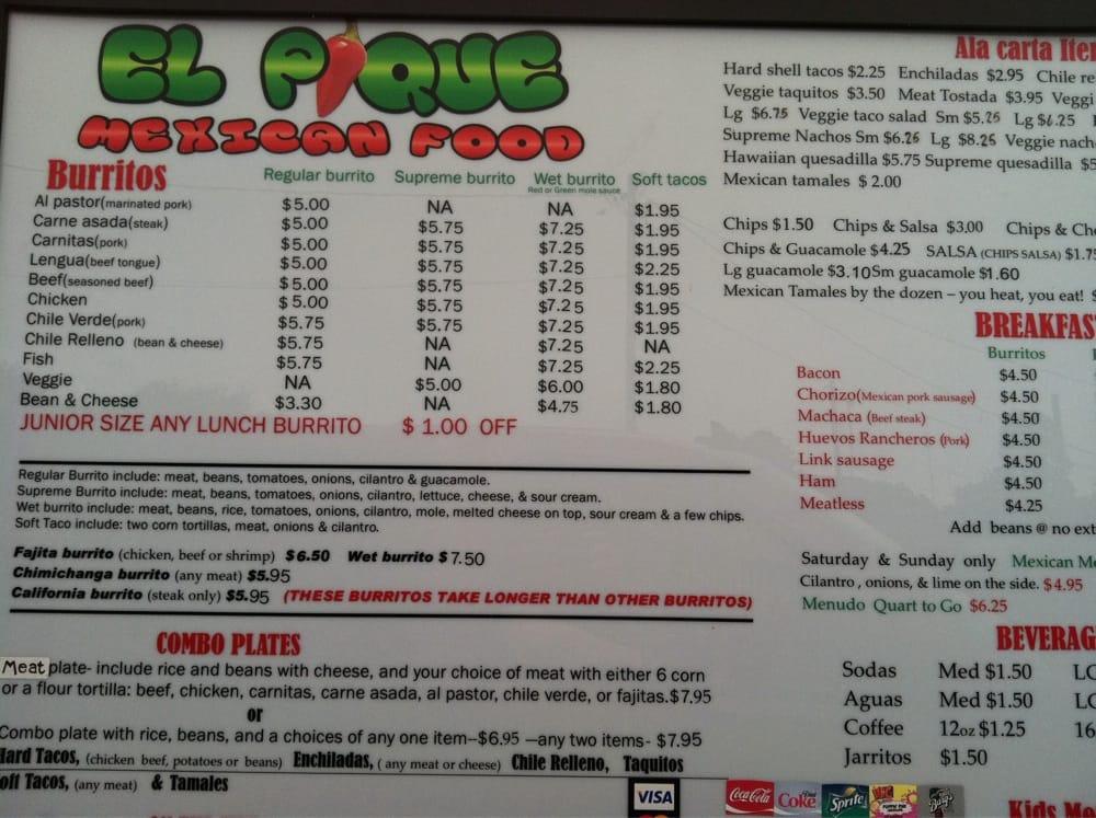 Menu at El Pique Mexican Food restaurant, Springfield, Main St